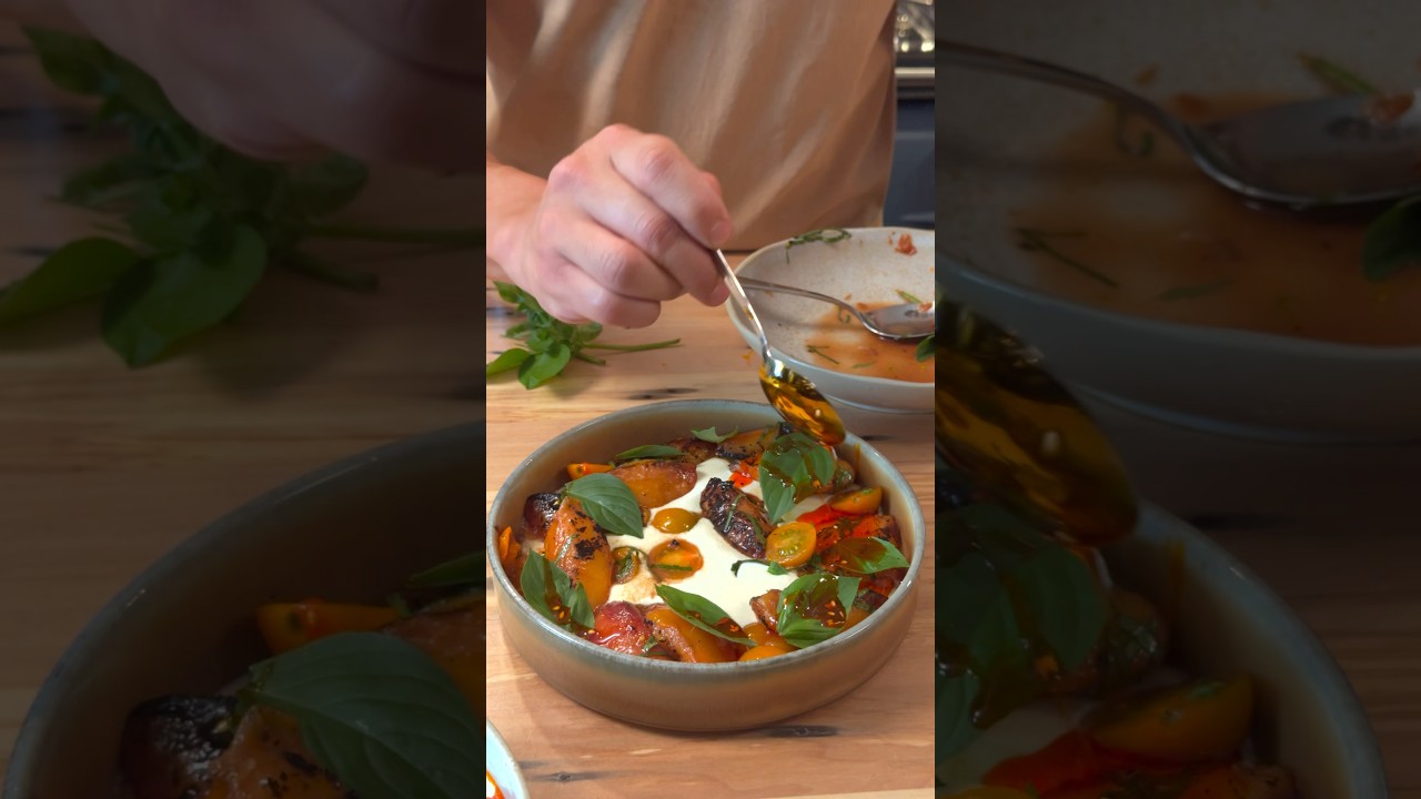 Seared peaches, Sungold tomatoes, basil on whipped ricotta with chorizo ...
