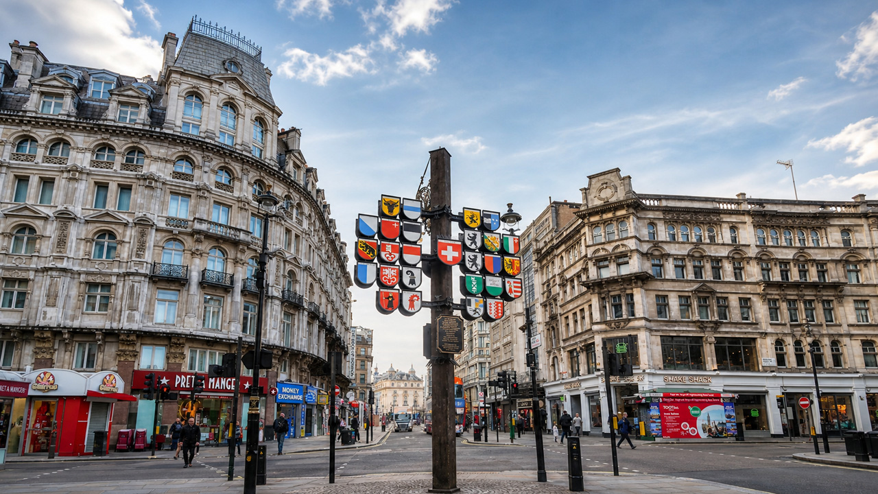 Walking through central London streets full of classic architecture