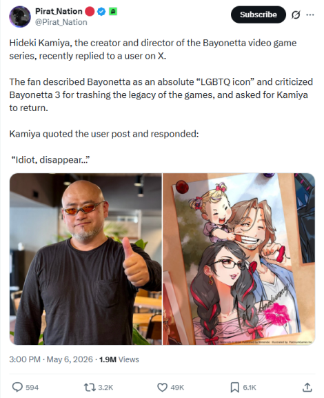 Bayonetta creator Hideki Kamiya tells fan to "disappear" over LGBTQ ...