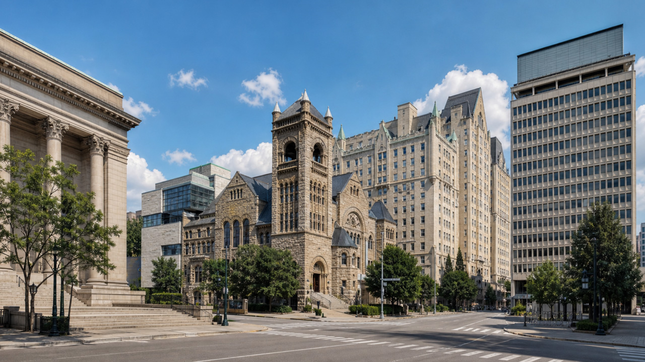 Montreal museum district with historic stone buildings and towers