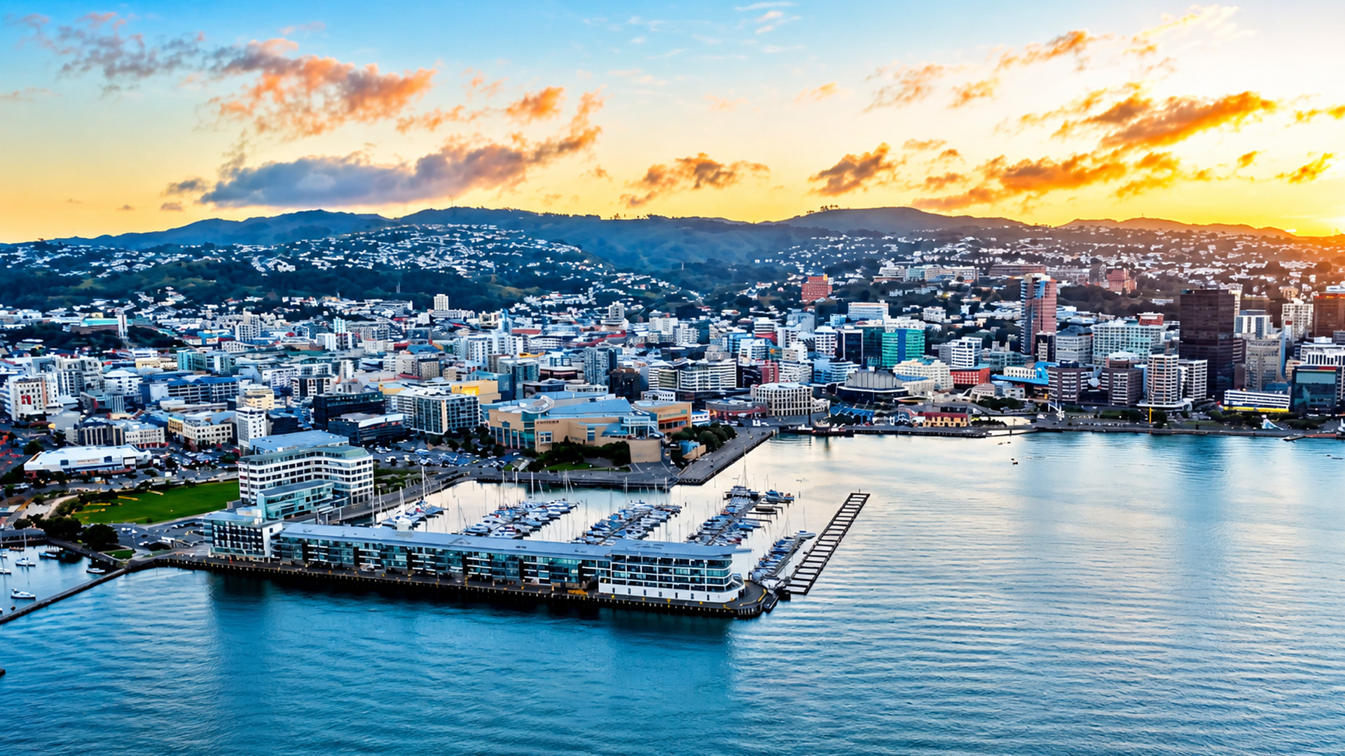 A golden sunset over Wellington’s coastal cityscape