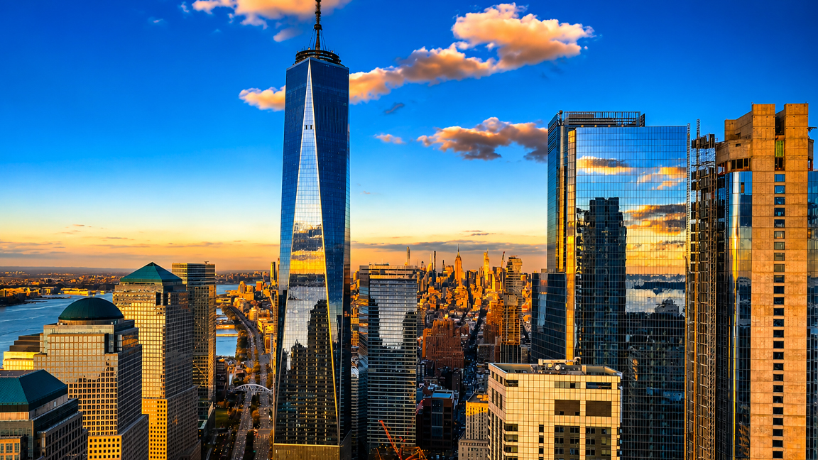 Glass skyscrapers reflecting sunset in New York City