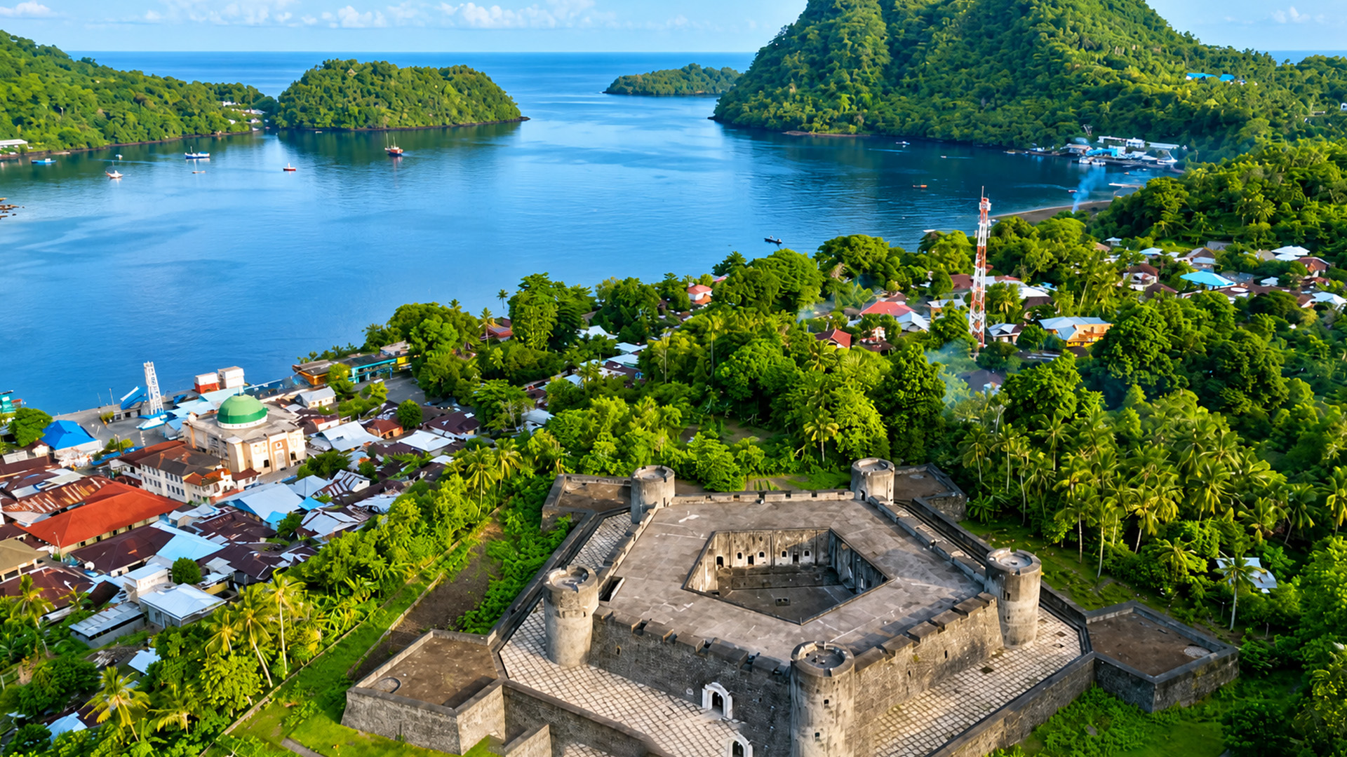 A historic fort on a remote tropical island in Banda