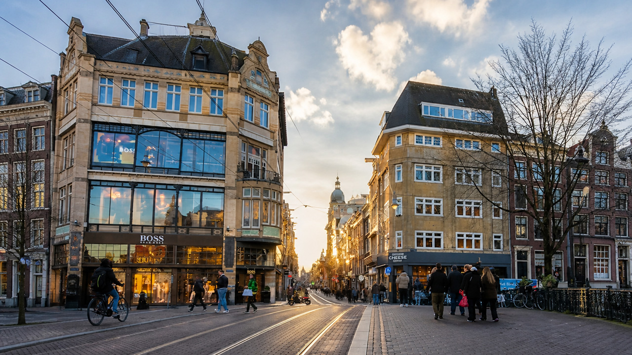 Wandelen door het centrum van Amsterdam tijdens golden hour