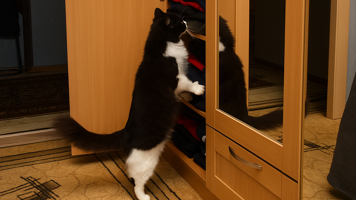 Nieuwsgierige kat onderzoekt kledingkast
