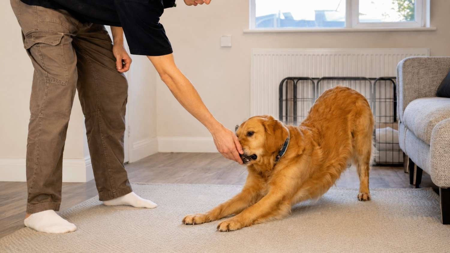 Golden retriever learns a new bow trick