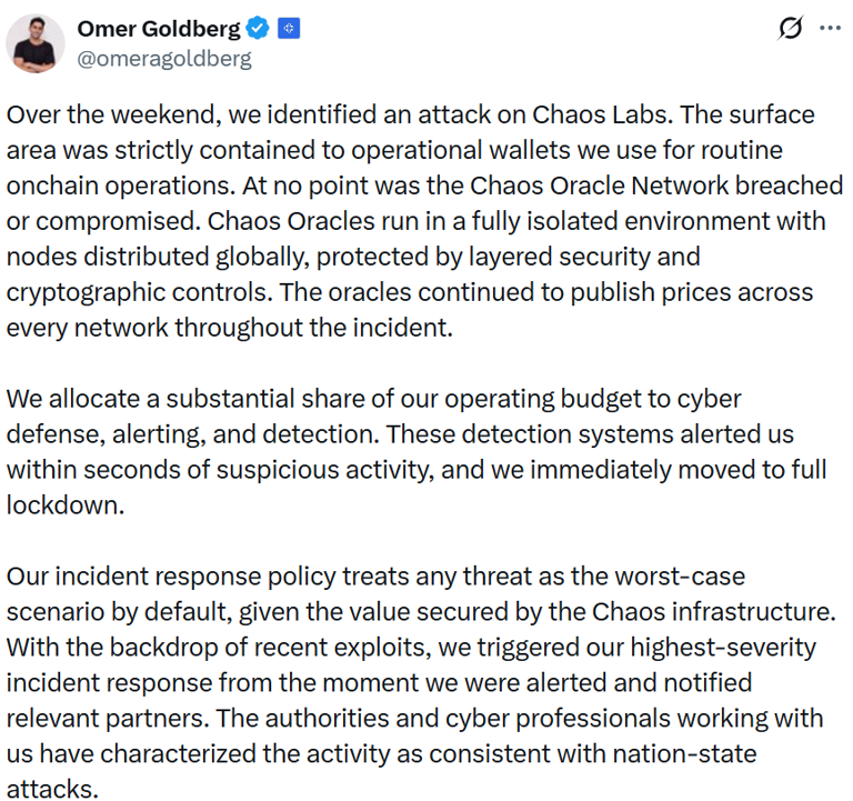 Chaos Labs says oracles secure after attempted 'nation-state' wallet attack