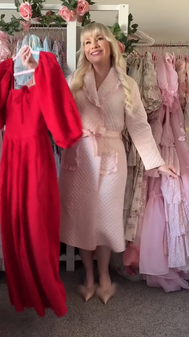 Quince red dress outfit for a soft feminine style