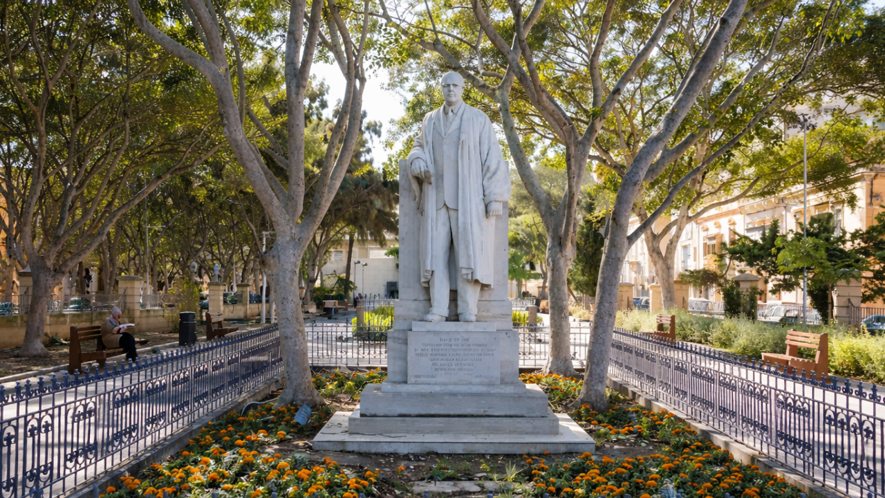 Exploring Valletta past statues and trees (4K)