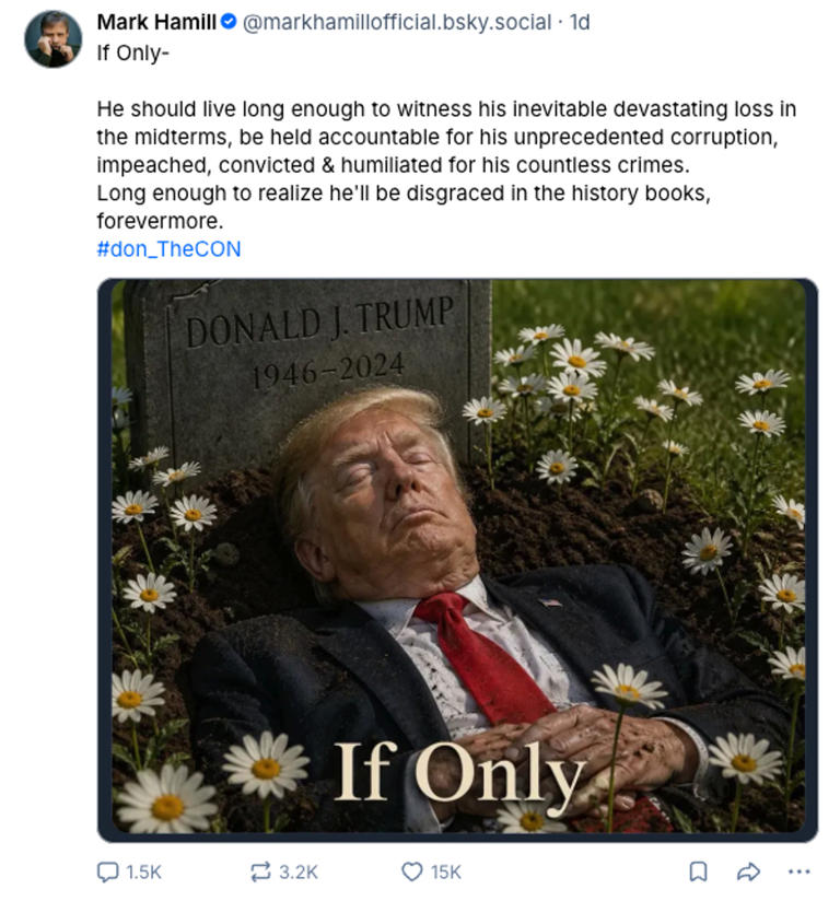 'Star Wars' Mark Hamill under fire for posting AI Trump grave image ...