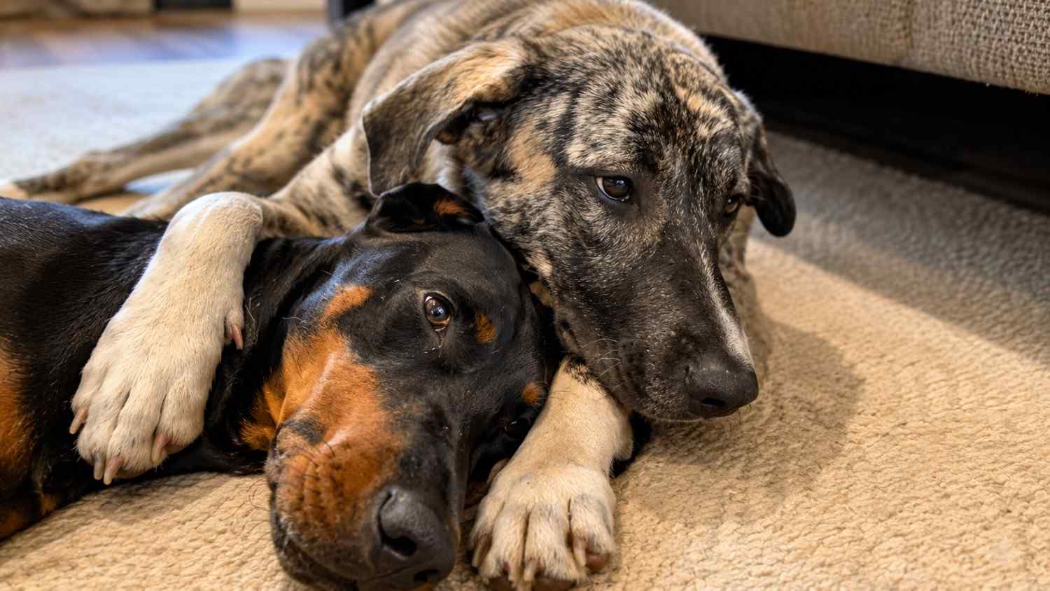Nervous rescue dog finally trusts her Doberman friend