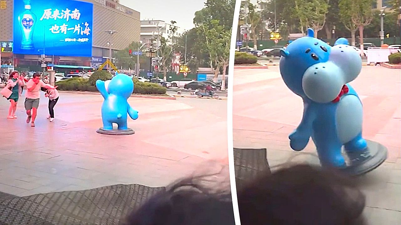 Une figurine d'hippopotame emportée par le vent en Chine