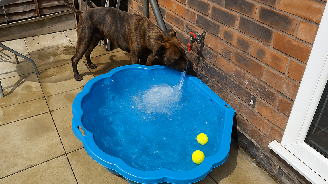 Dog drinking from backyard pool