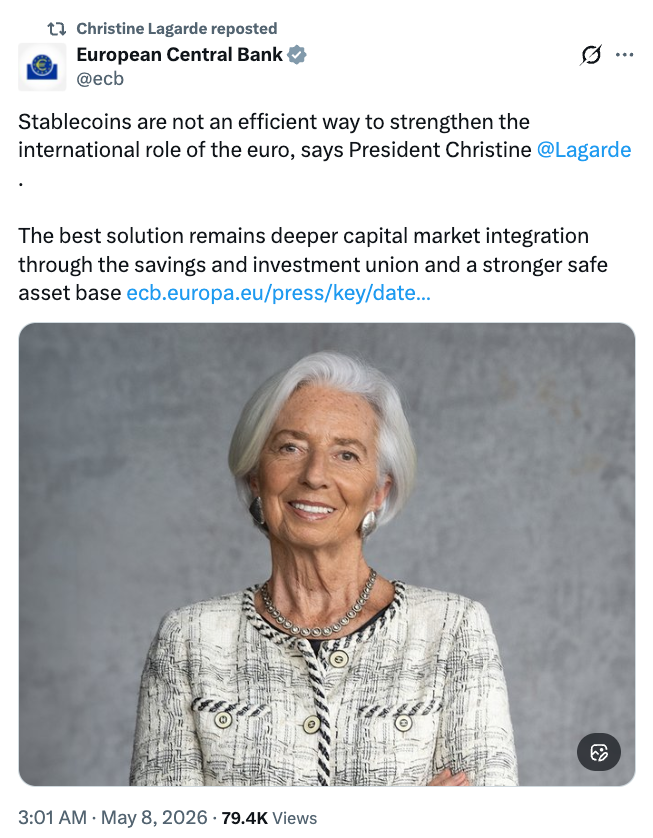 Stablecoins won’t strengthen global role of euro, ECB’s Lagarde says