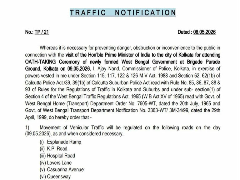 Kolkata Police issues traffic advisory ahead of historic oath ceremony ...