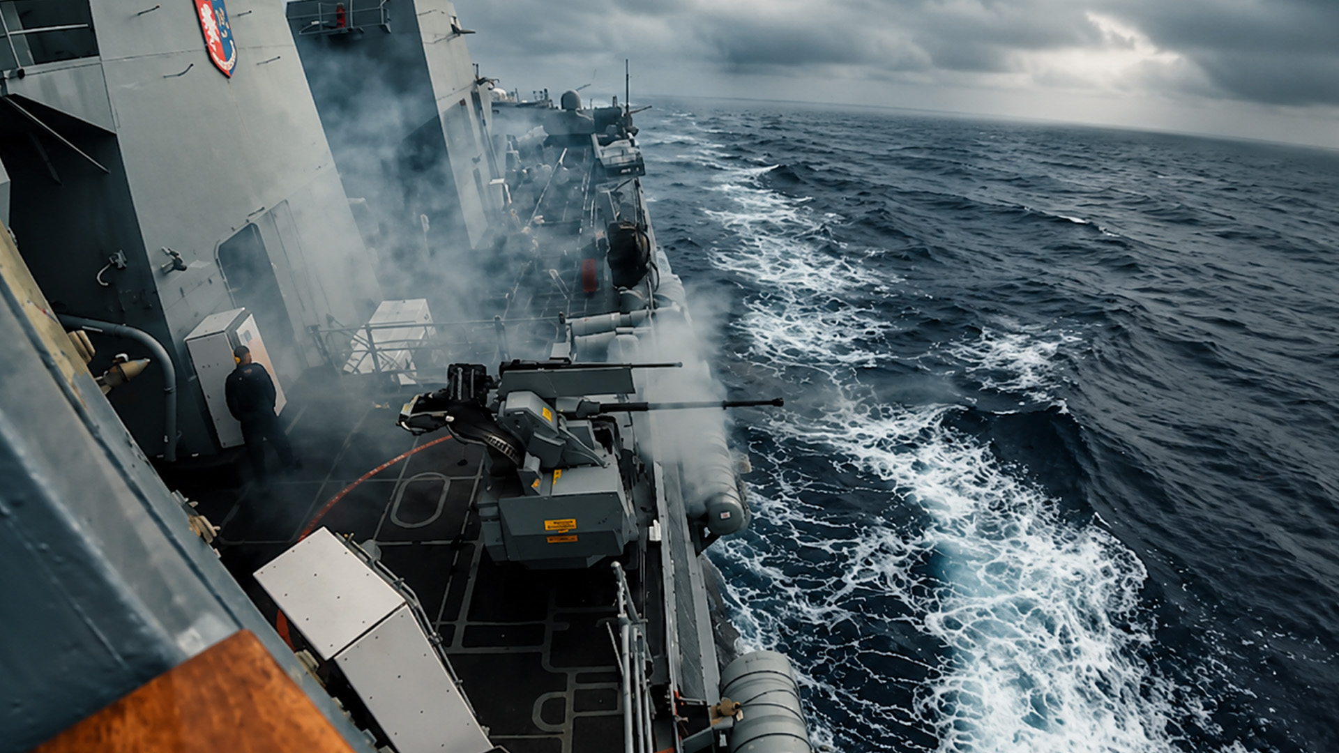 Watch navy destroyer shoot machine gun at sea