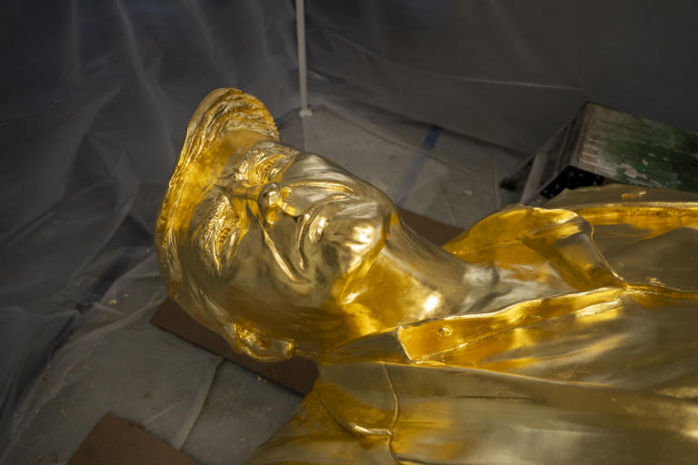 Watch: Pastors pray over massive gold statue of Donald Trump in Florida