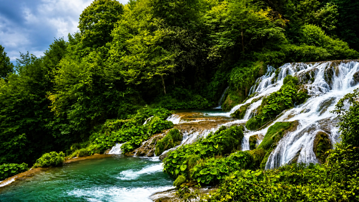 Hidden jungle waterfall with emerald pools