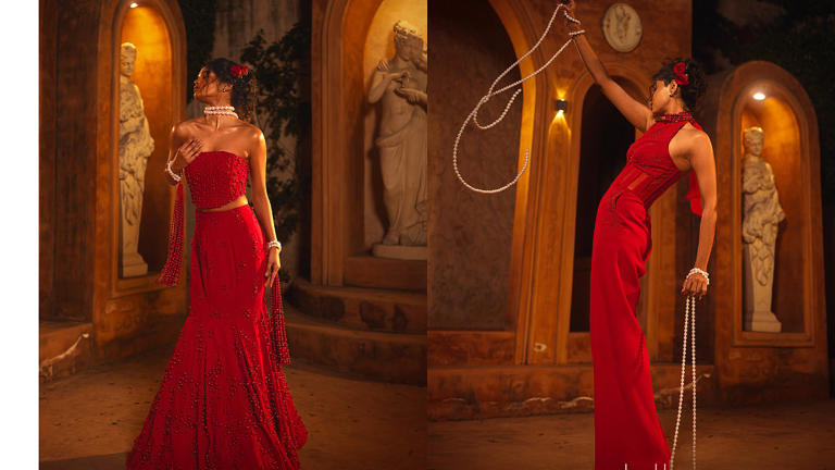 Sculpted corsets and pearl detailing define this modern Indian couture ...