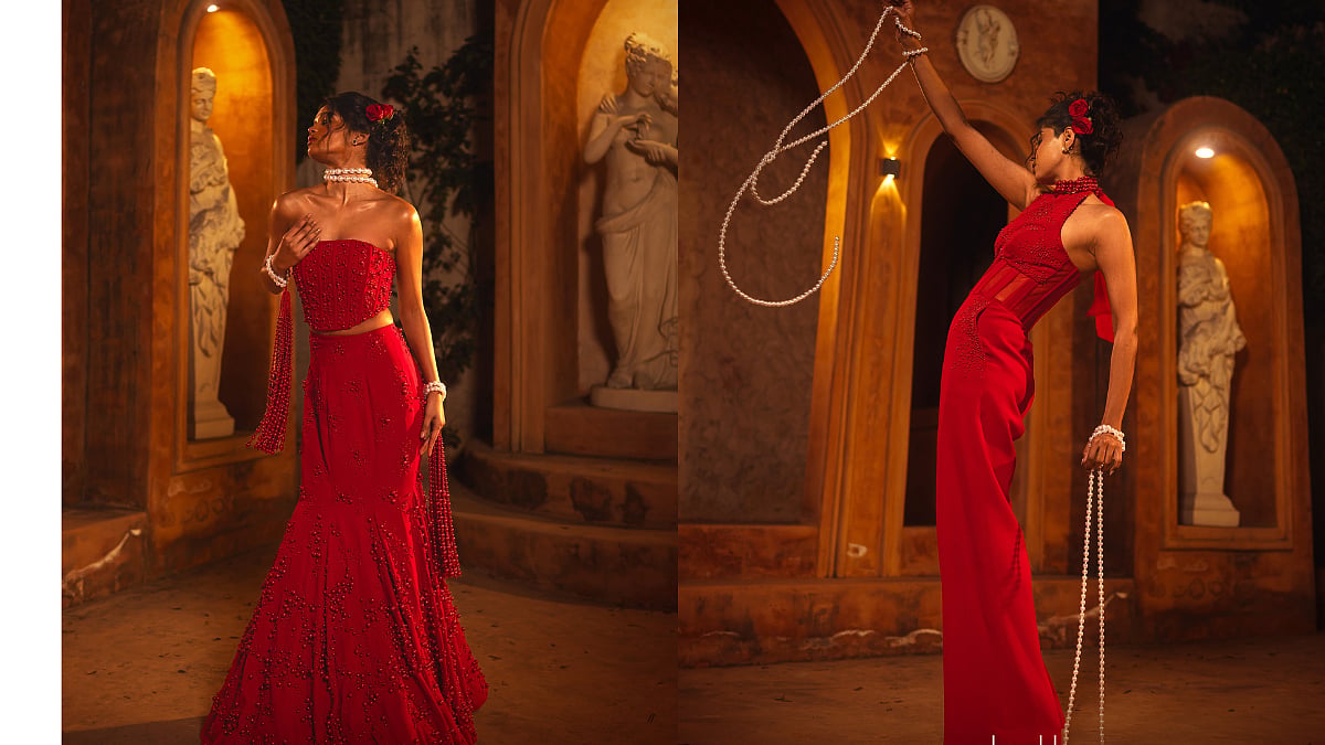 Sculpted corsets and pearl detailing define this modern Indian couture ...