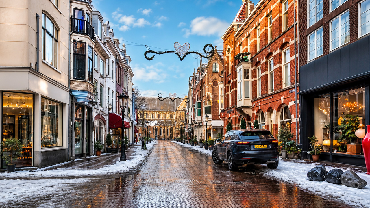 Walking through snowy Utrecht streets with cozy winter city views