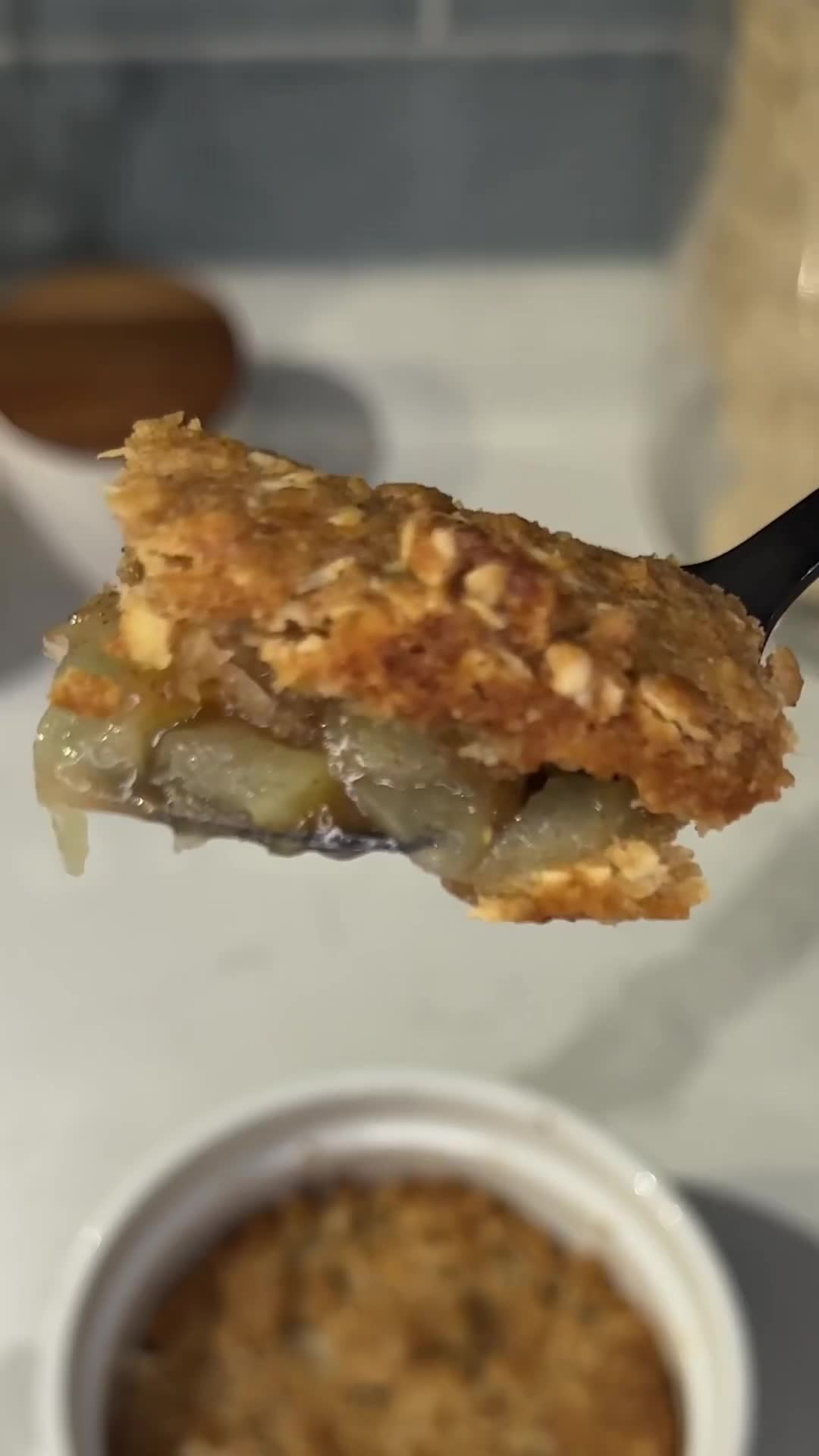 Individual apple dessert combines buttery topping with tender fruit