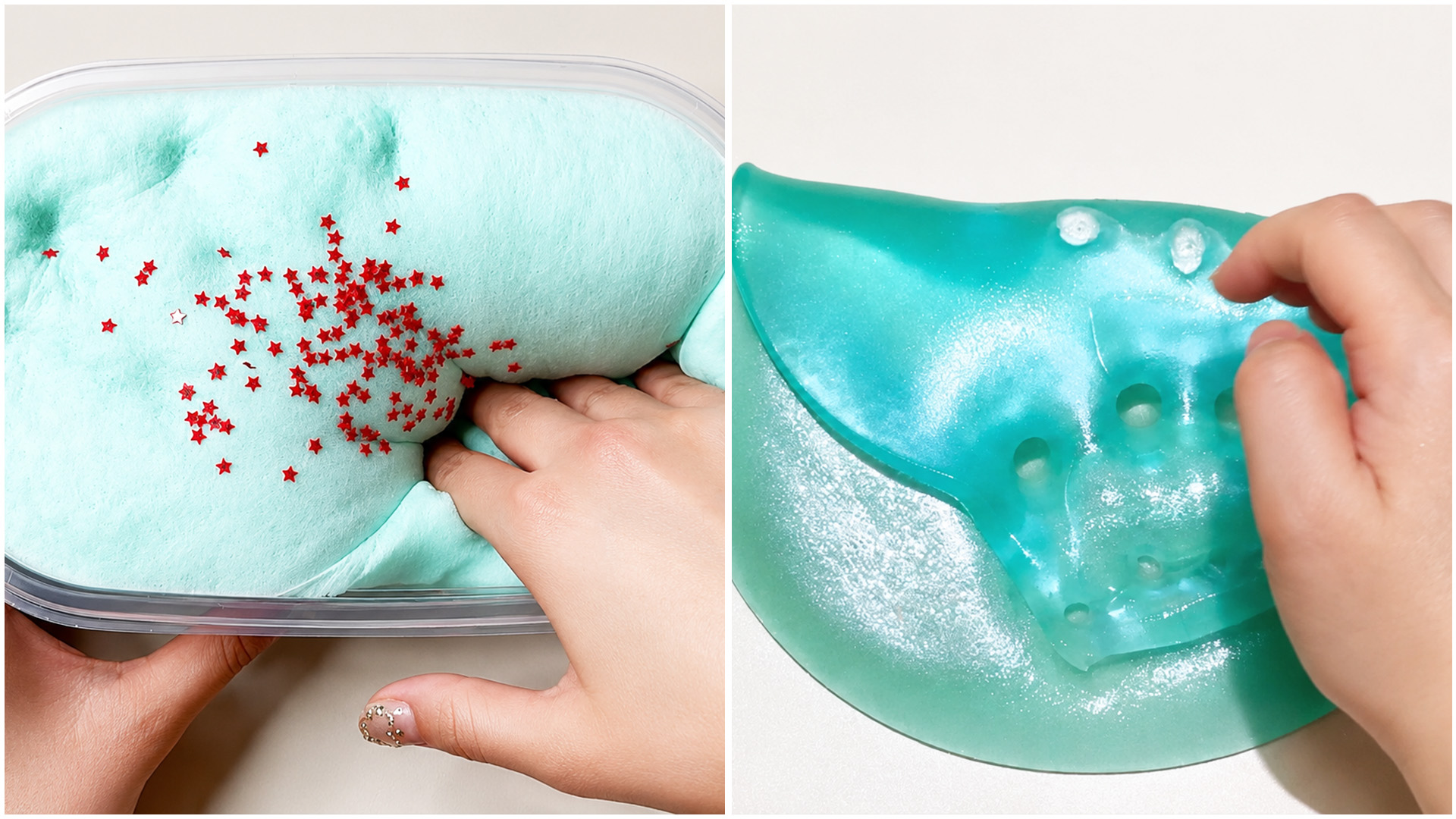 Aplastando slime transparente y estiramiento con brillo