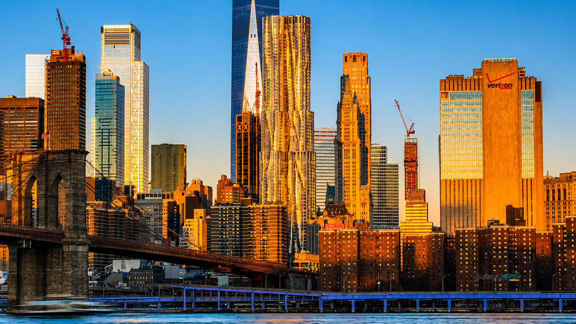 Modern cityscape of Lower Manhattan at sunset