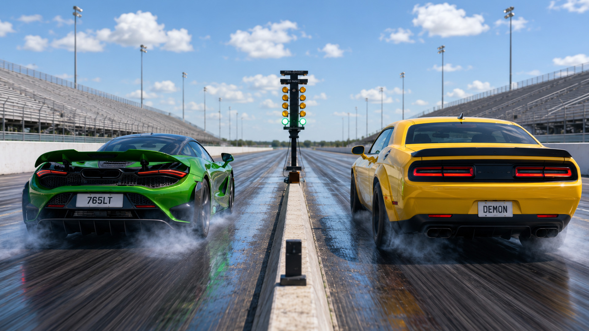 McLaren 765LT vs 1200HP and stock Dodge Demons drag race