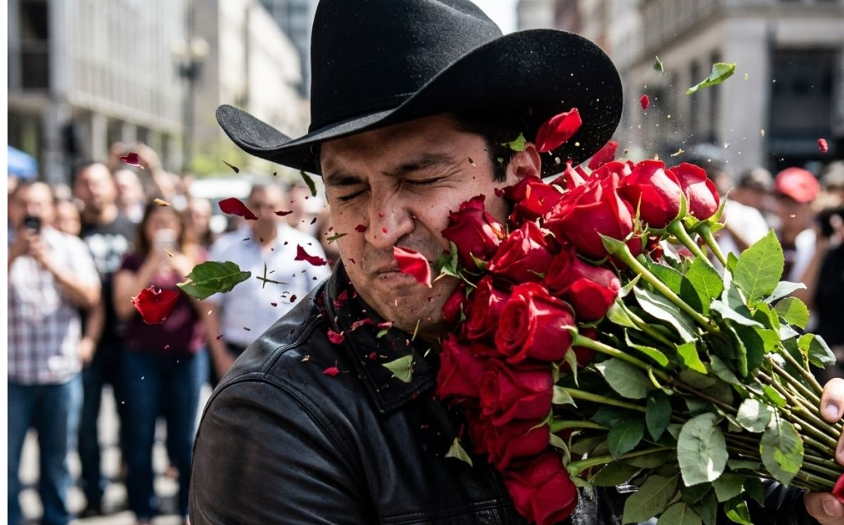 Julión Alvarez es golpeado con un ramo de flores en el rostro durante ...