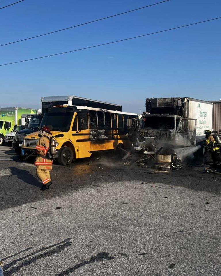 1 commercial vehicle, 1 school bus damaged in fire at truck repair shop ...