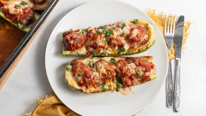 Meatball marinara-ish stuffed zucchini boats recipe