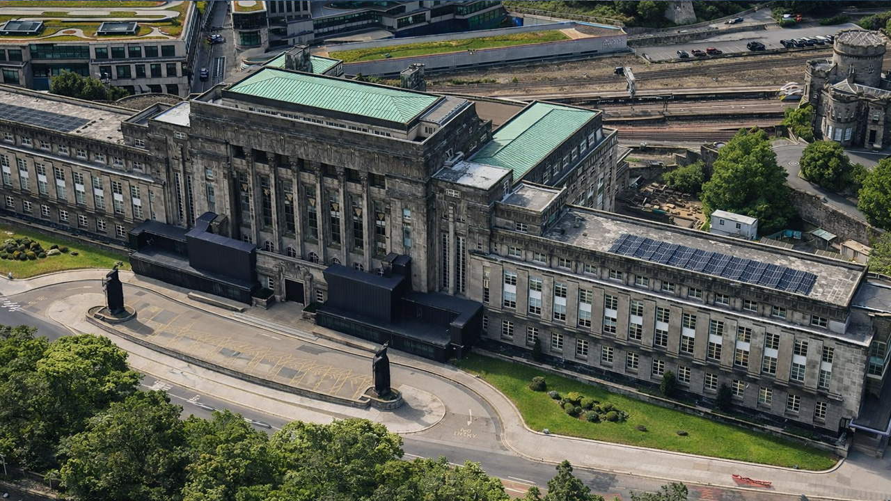 Historic Edinburgh government building seen from above
