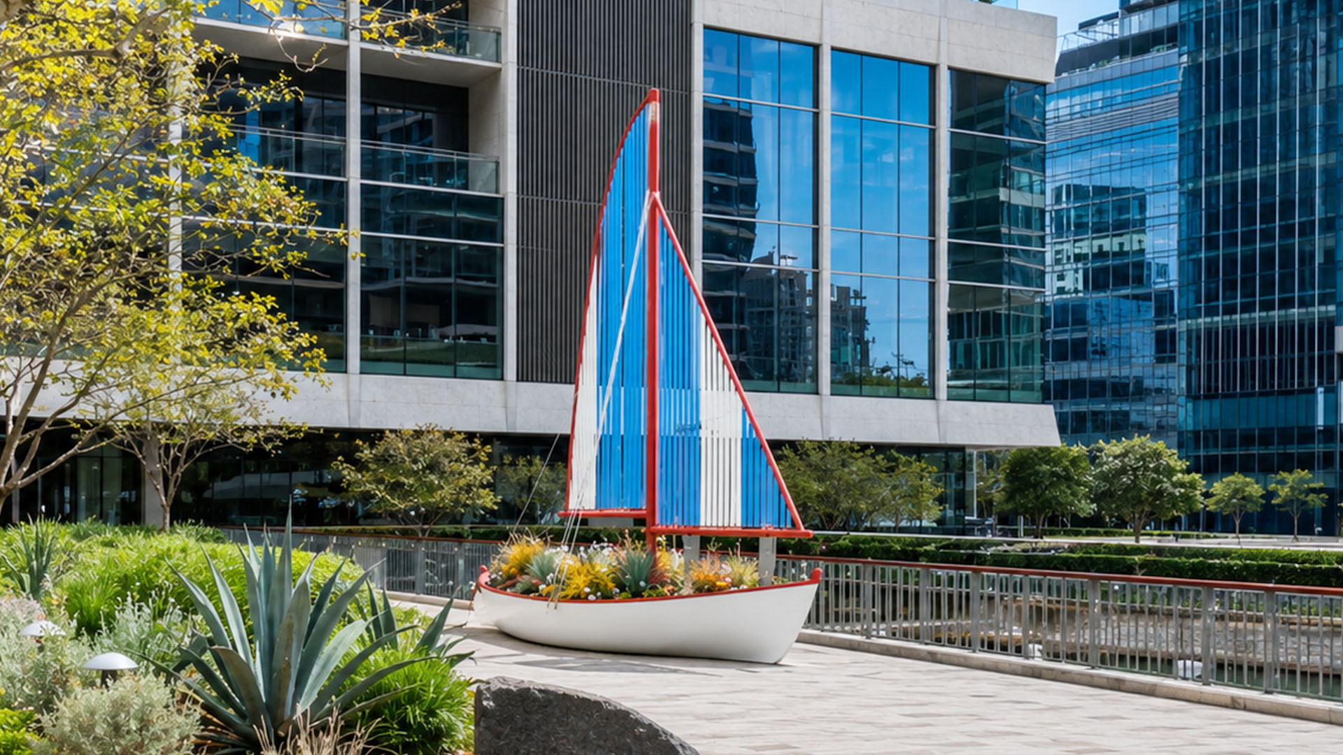 Public art installation enhances modern commercial district environment