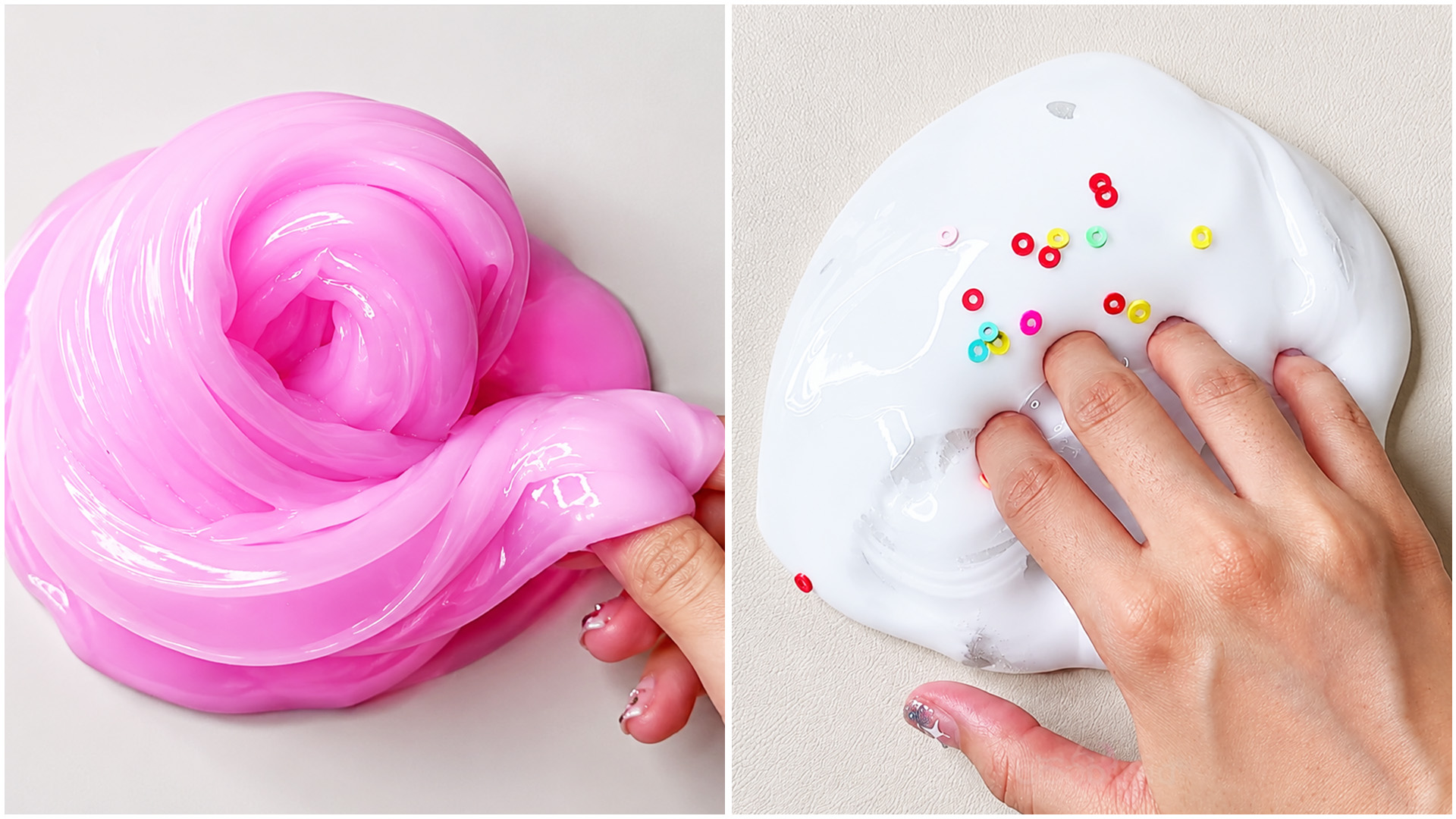 Glossy pink slime stretch and crunchy bead mixing
