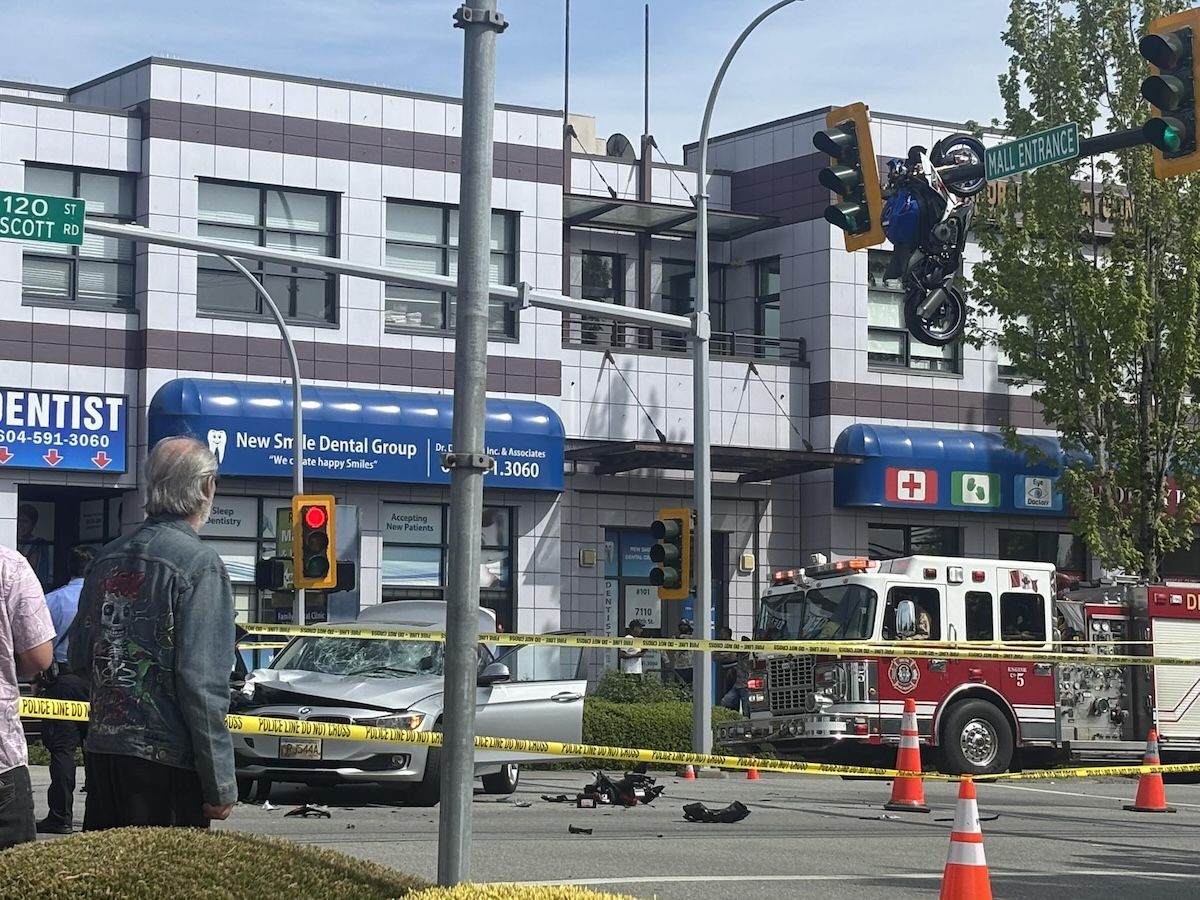 Delta crash sends motorcyclist to hospital, leaves bike suspended in ...
