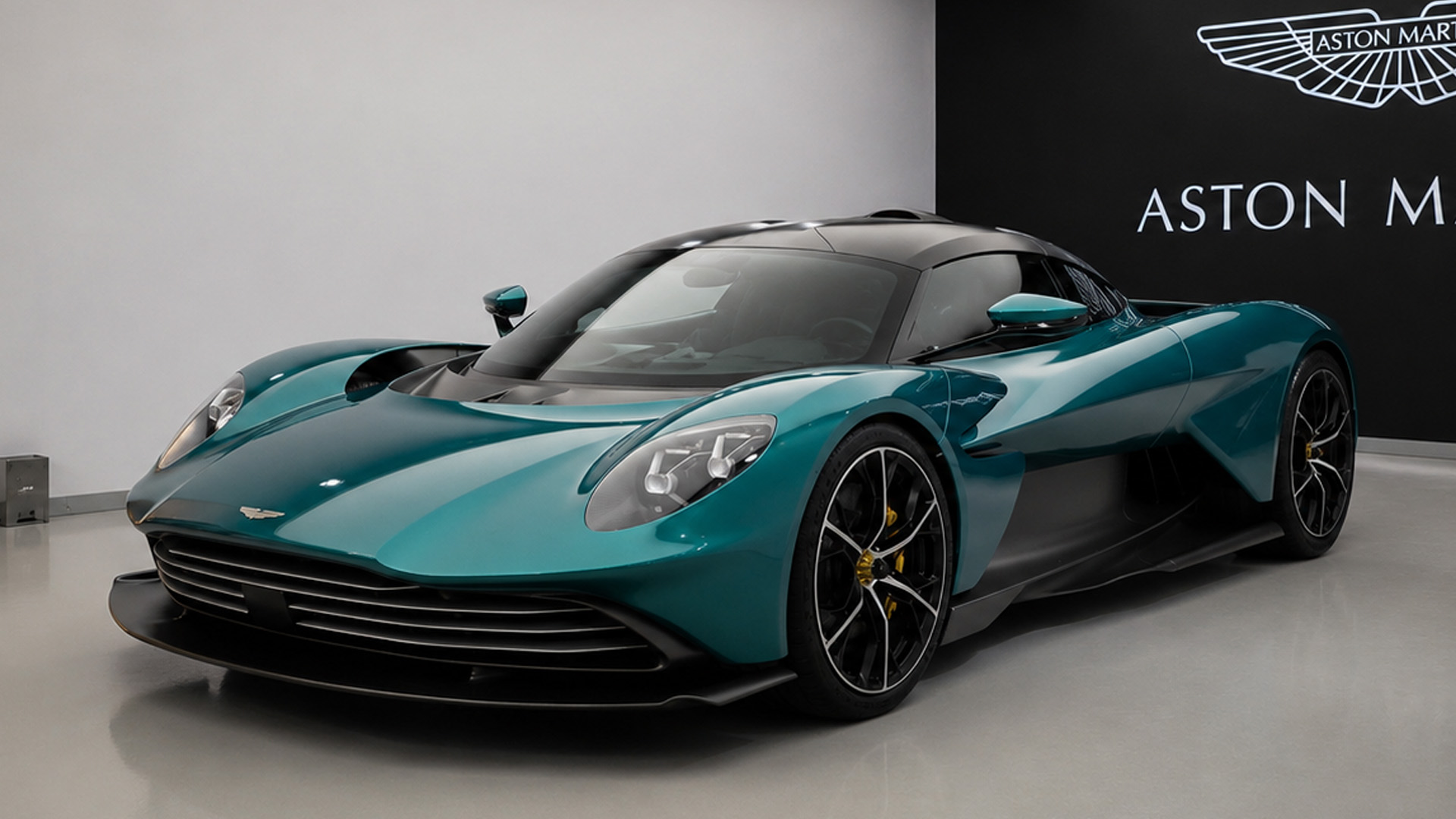 Aston Martin Valhalla hypercar displayed in luxury showroom