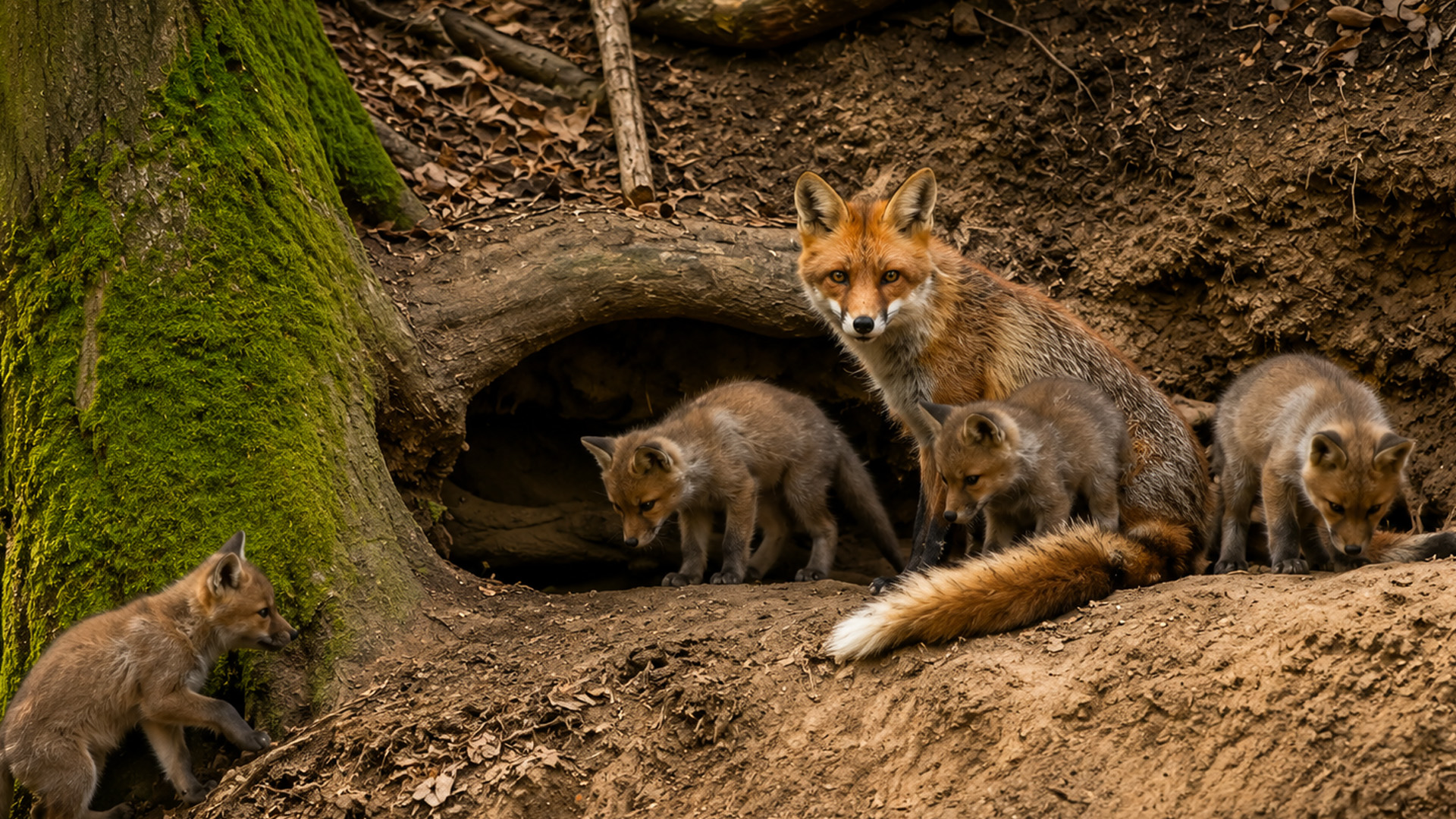 These curious fox cubs explored the world outside their den