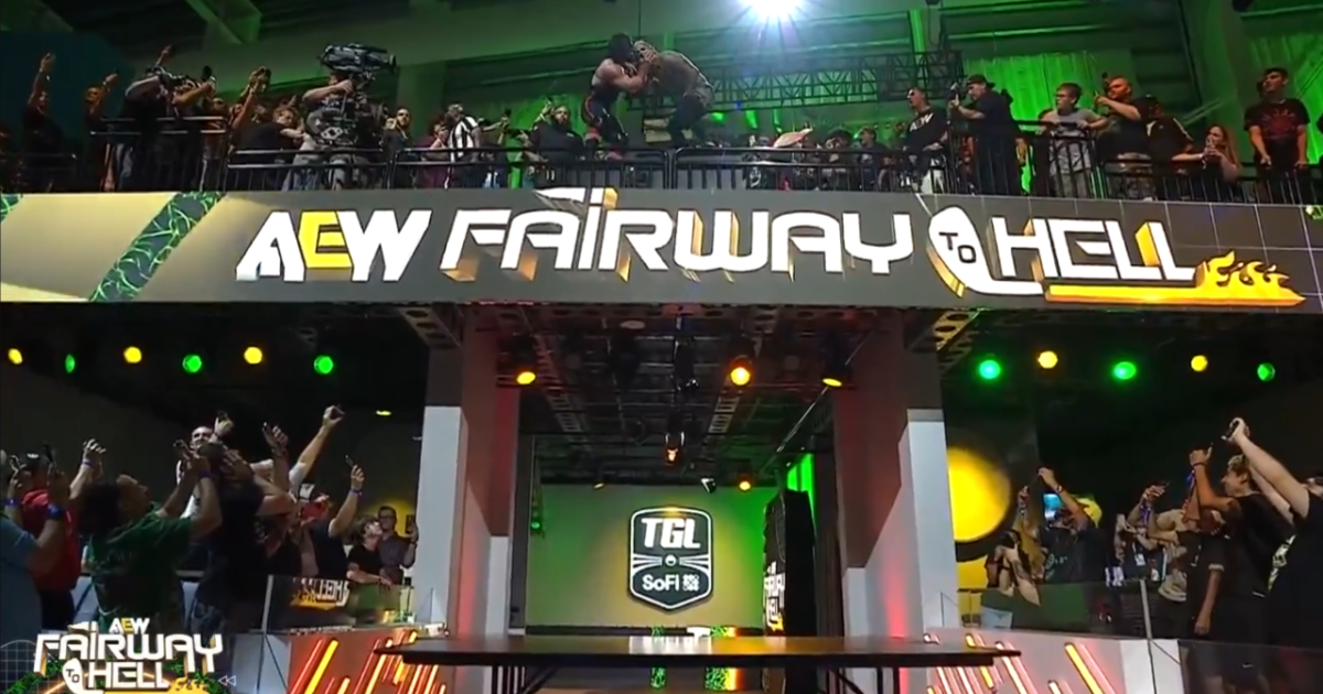 Watch: Darby Allin crashes off balcony into tables at AEW Fairway to Hell