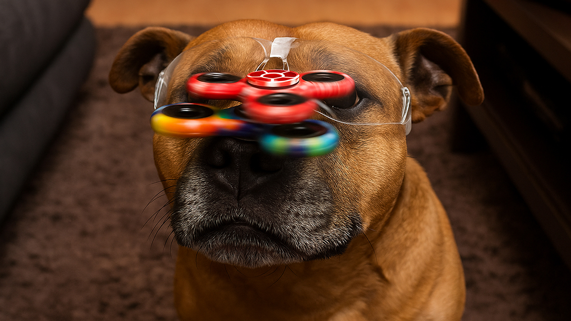 Hond met draaiende fidget spinner op zijn neus