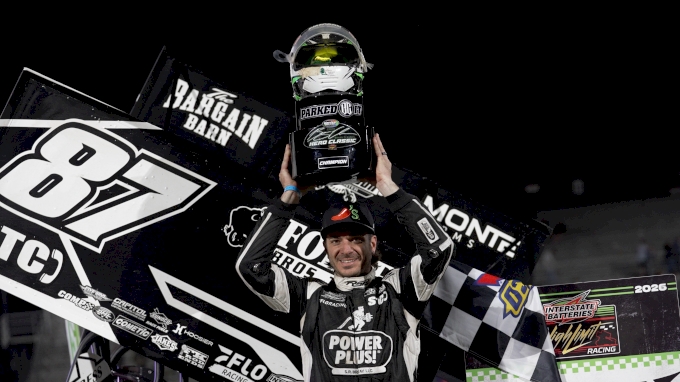 Aaron Reutzel reacts after winning the Bryan Clauson Hero Classic at Kokomo