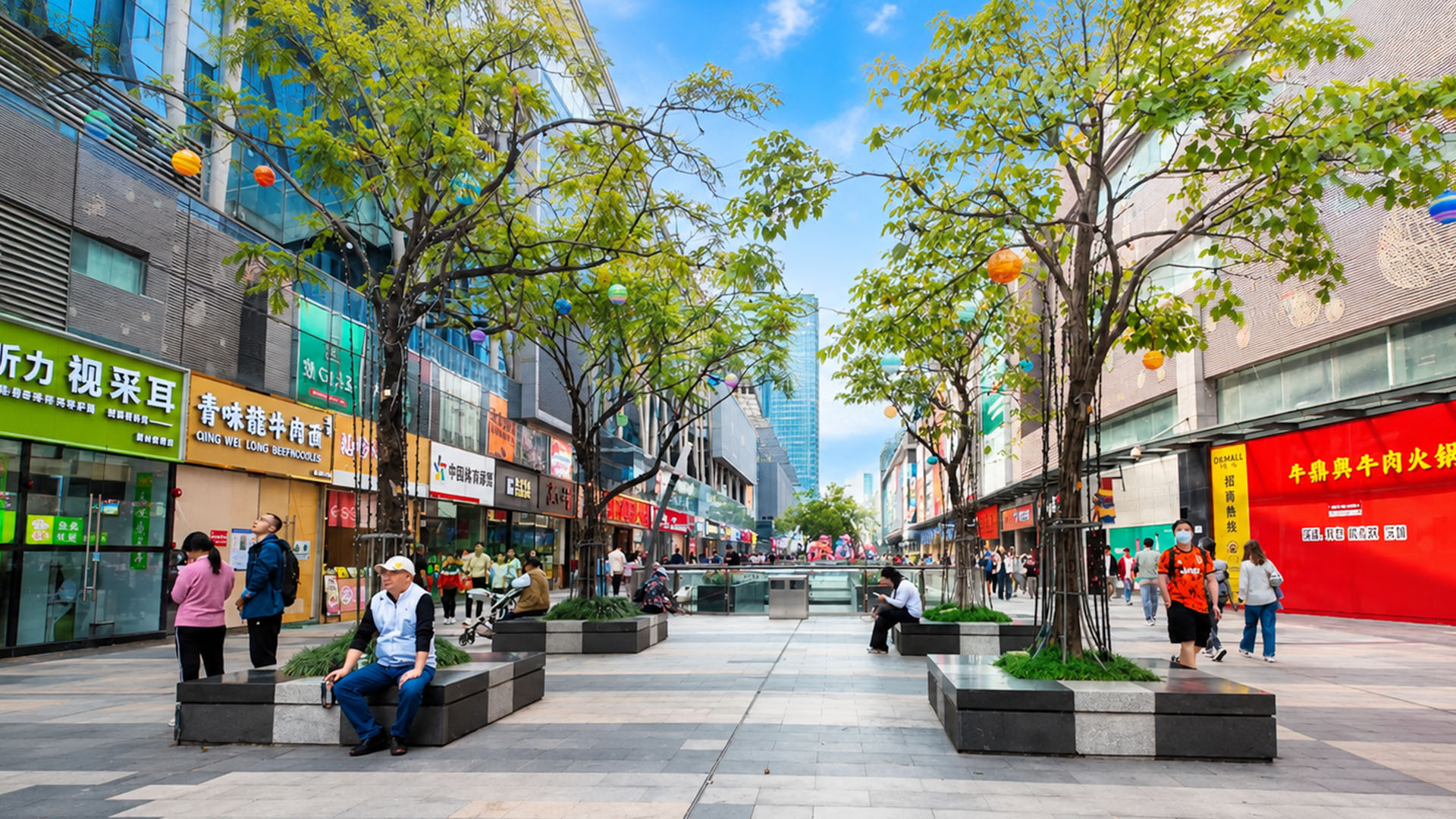 Tree lined commercial streets create comfortable urban public spaces