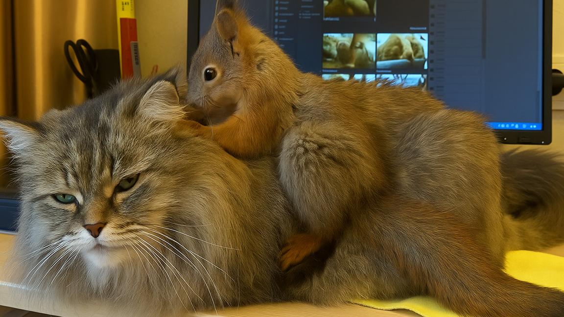 Squirrel sitting on cat’s back