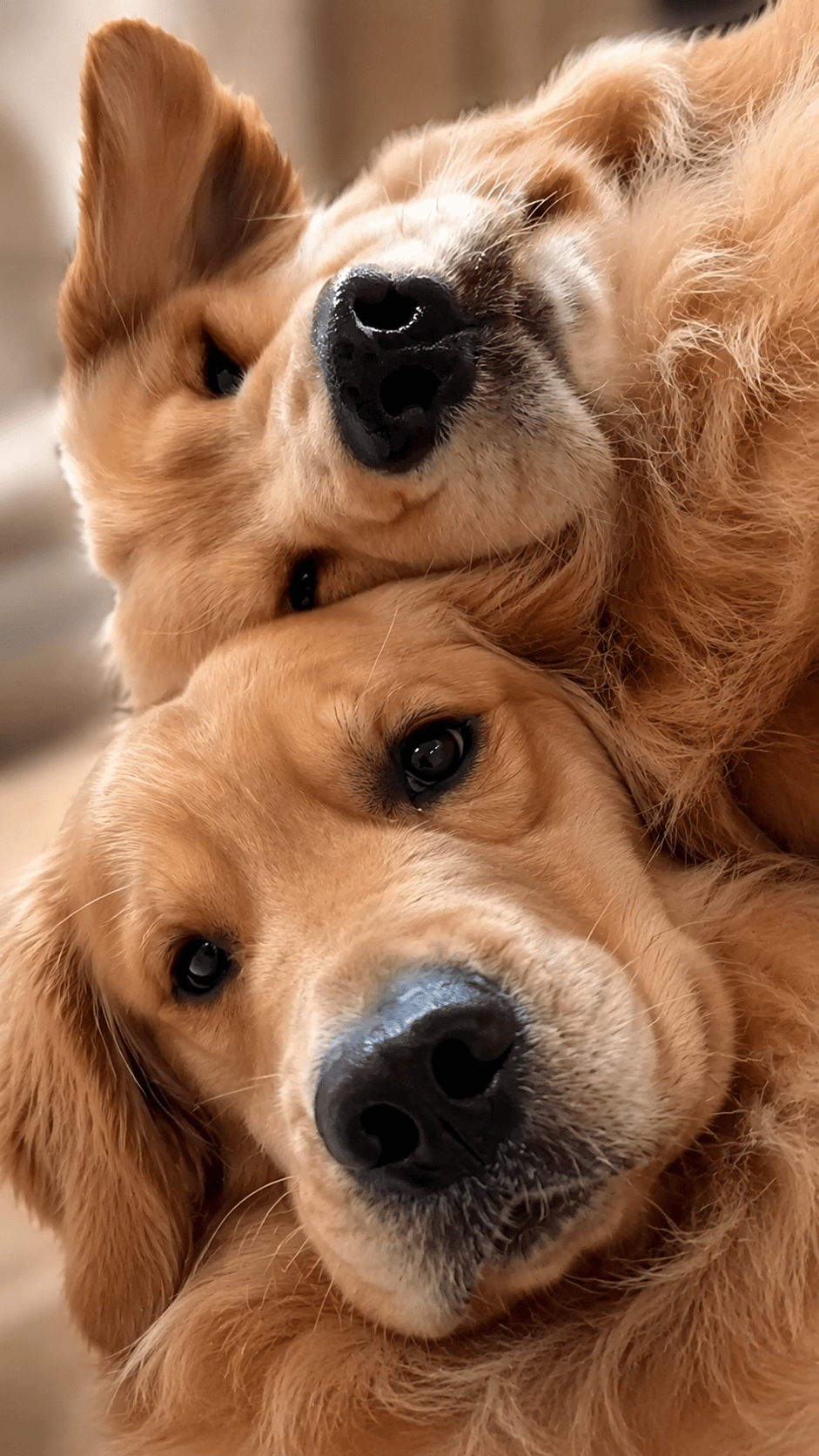 Two golden retrievers are staring into your soul