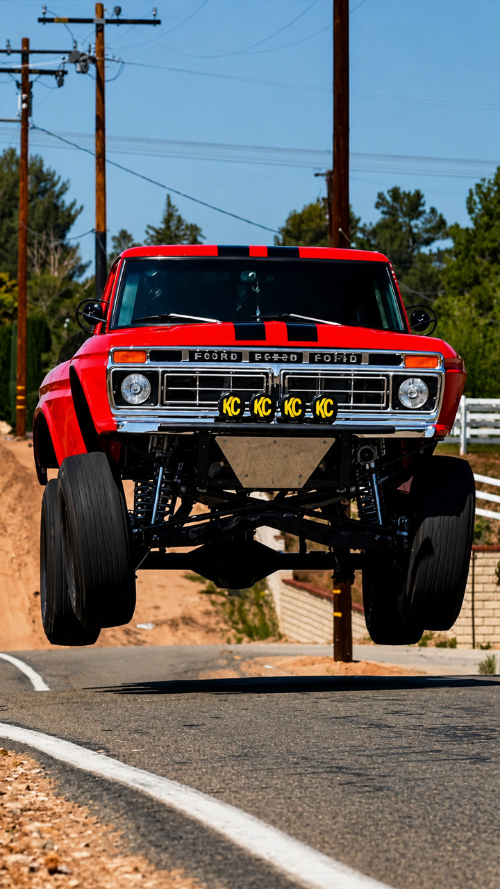 Wild adrenaline rush: Flying custom Ford truck launches off a jump