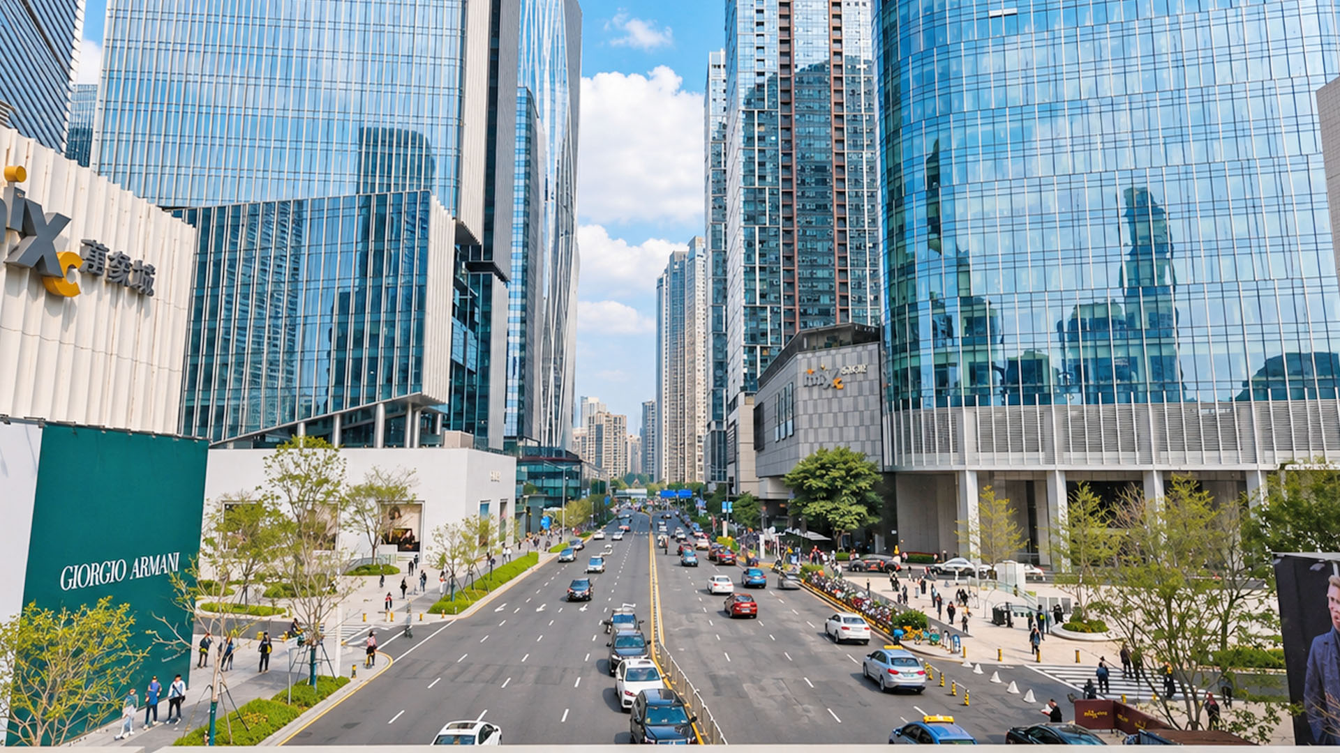 Modern commercial towers stand along China’s expanding city streets
