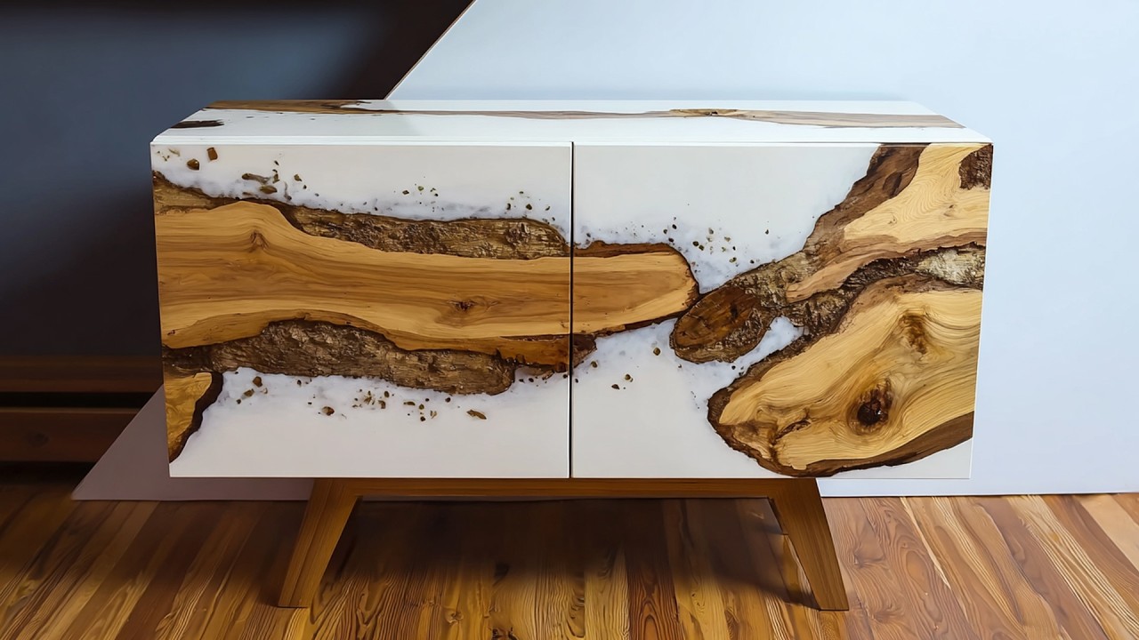 Handmade cabinet combines natural wood and resin