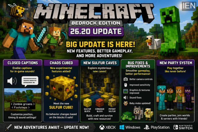 Minecraft Bedrock 26.20 update released: Closed captions, new sulfur ...