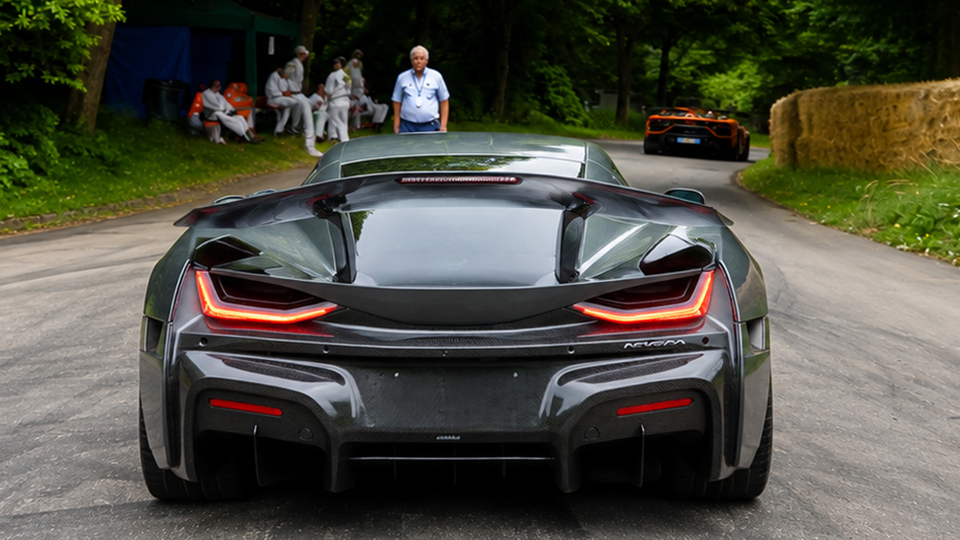 Rimac Nevera electric hypercar driving on forest road