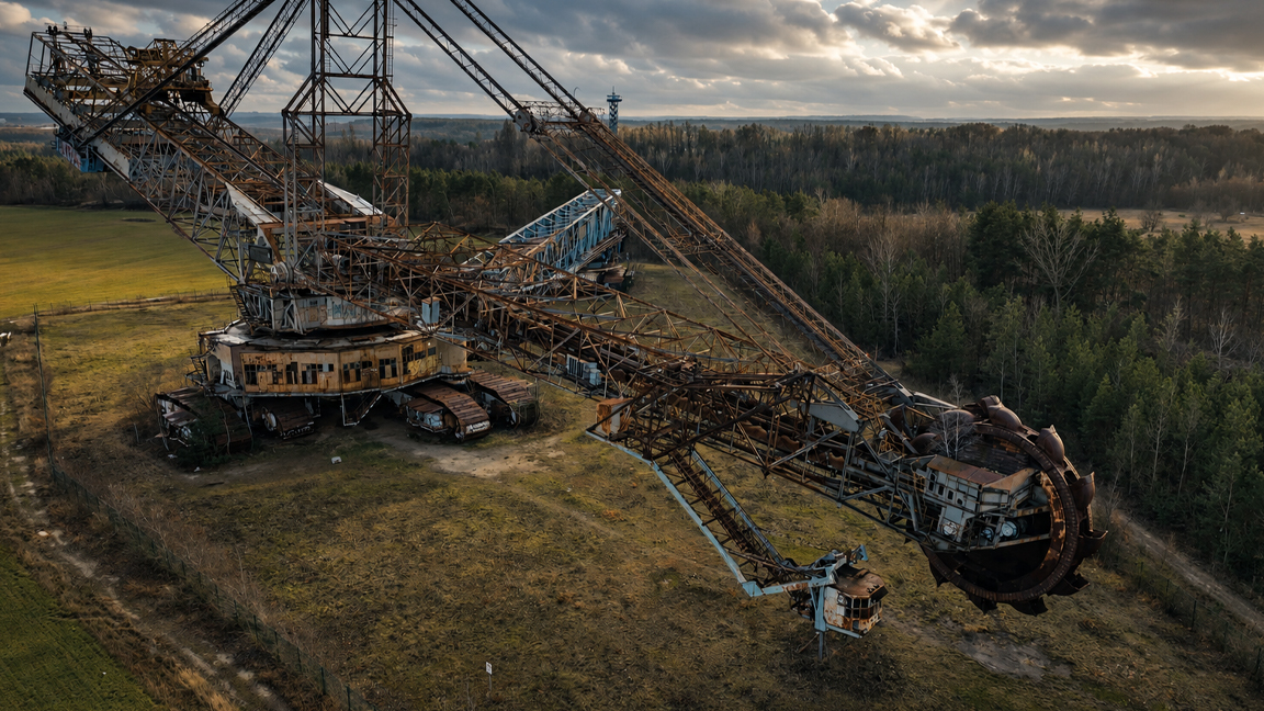 Massive bucket wheel excavator at abandoned mining site